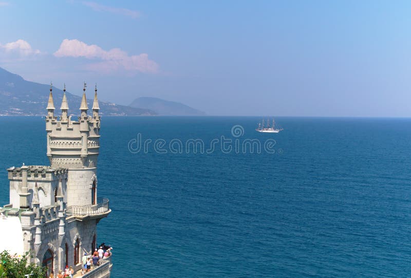 Castle on Cliff, Ship and Sea Stock Photo - Image of architecture, bird ...