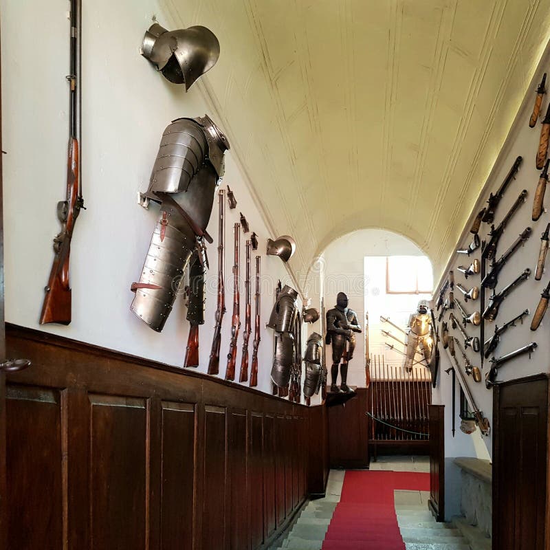 Castle Corridor with Armor and Weapons Editorial Stock Photo - Image of ...