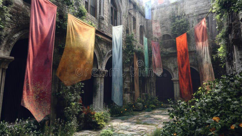 Castle Courtyard with Colorful Banners Fluttering in the Wind Stock ...