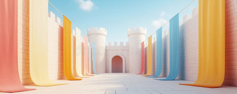 Castle Courtyard, Royal Celebration, Vibrant Banners, 3D Illustration ...