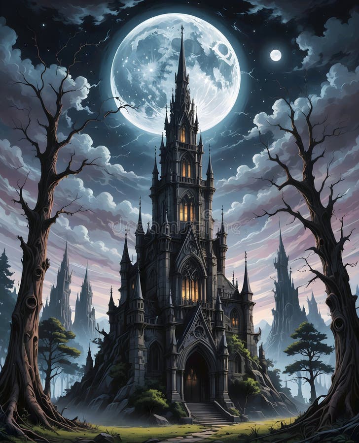A Castle Depicted in a Painting Under the Glow of a Full Moon in the ...