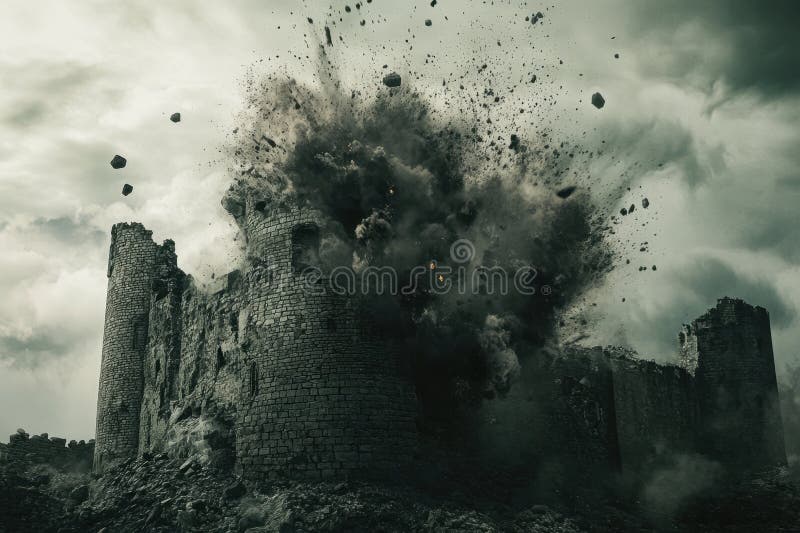 A Castle is Destroyed with a Lot of Debris and Rubble Stock ...