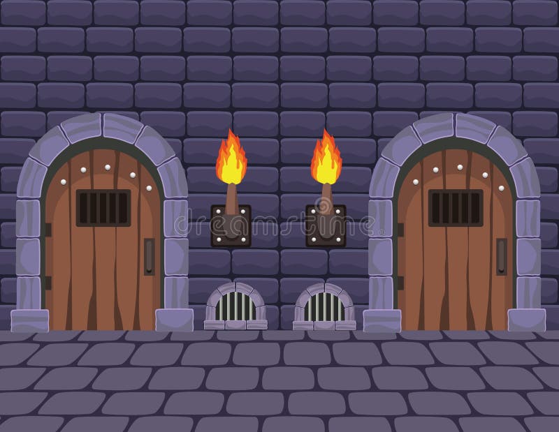 Castle doors with torches stock vector. Illustration of history - 246991233