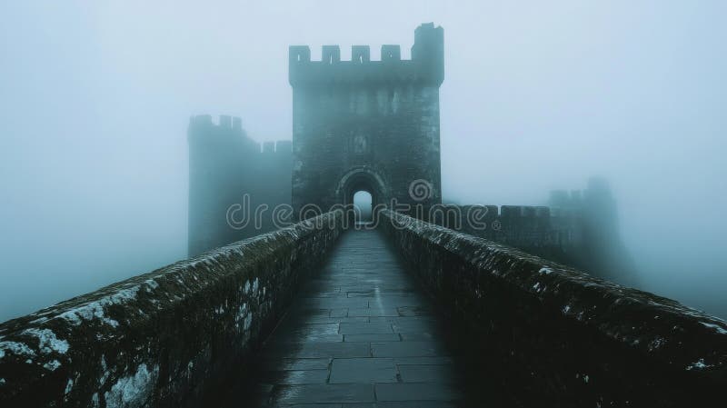 Castle Drawbridge Leading into a Mist-shrouded Fortress Stock ...