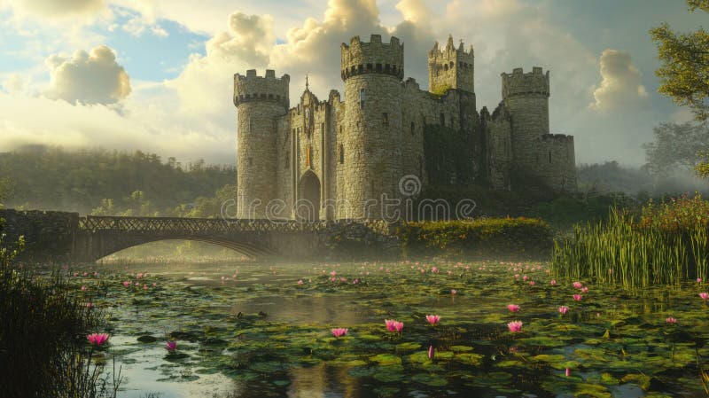 Castle Drawbridge Lowered Over a Moat Filled with Lilies and Reeds ...