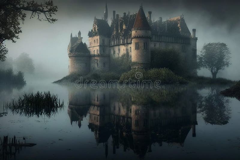 A Castle in a Dream, Surrounded by Fog, Created by Generative Ai Stock ...