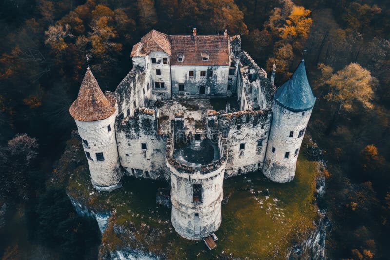 Castle Drone View with Mountain Backdrop in White Blue Gray Stock ...