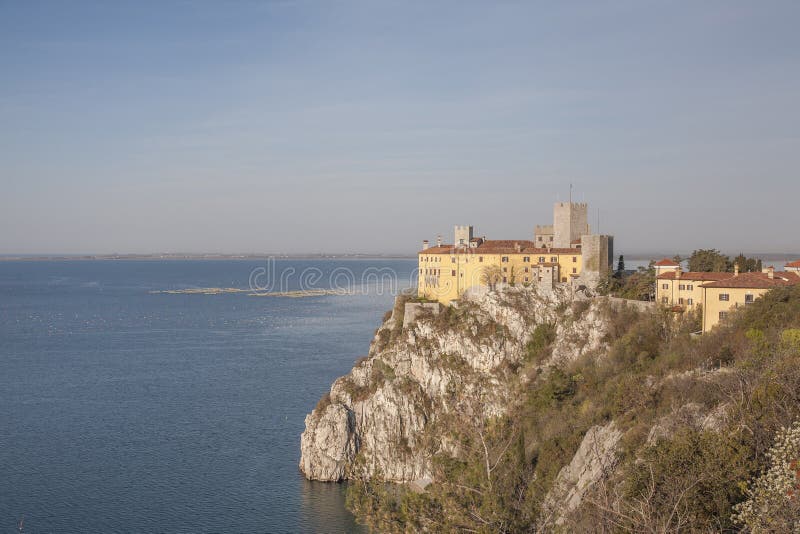 Castle Duino and Harbor Monfalcone with Mountains Alps in Italy Stock ...