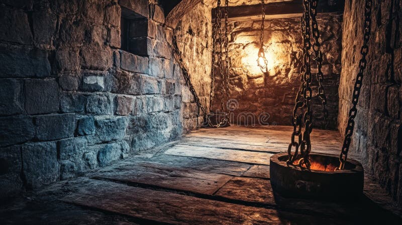 Castle Dungeon with Heavy Iron Chains and Flickering Torchlight Stock ...