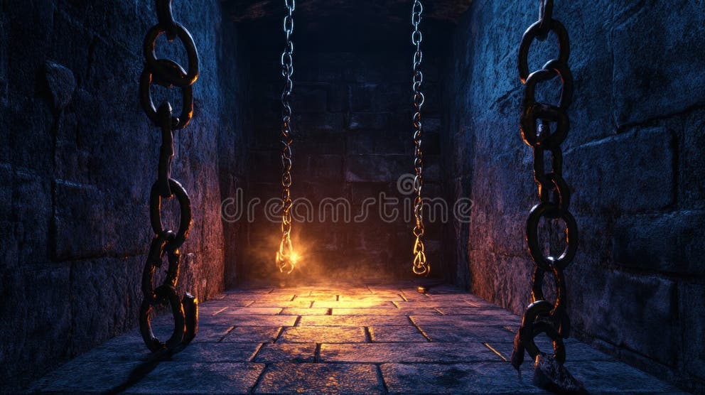 Castle Dungeon with Heavy Iron Chains and Flickering Torchlight Stock ...