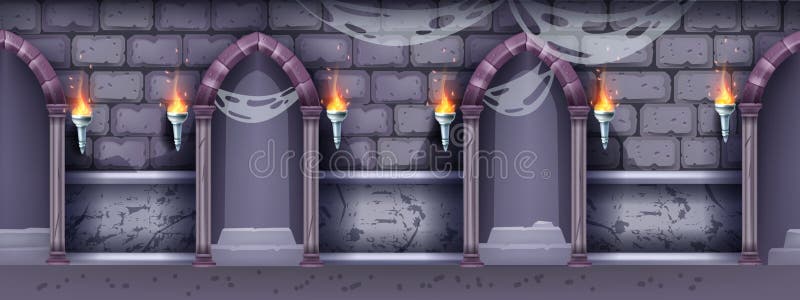 Castle Dungeon Interior Seamless Background, Stone Arch Wall, Vector ...