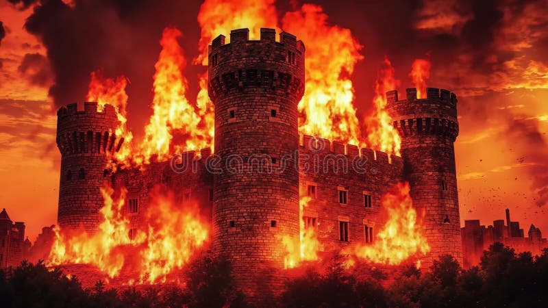 A Castle on Fire with a Red Sky in the Background Stock Video - Video ...