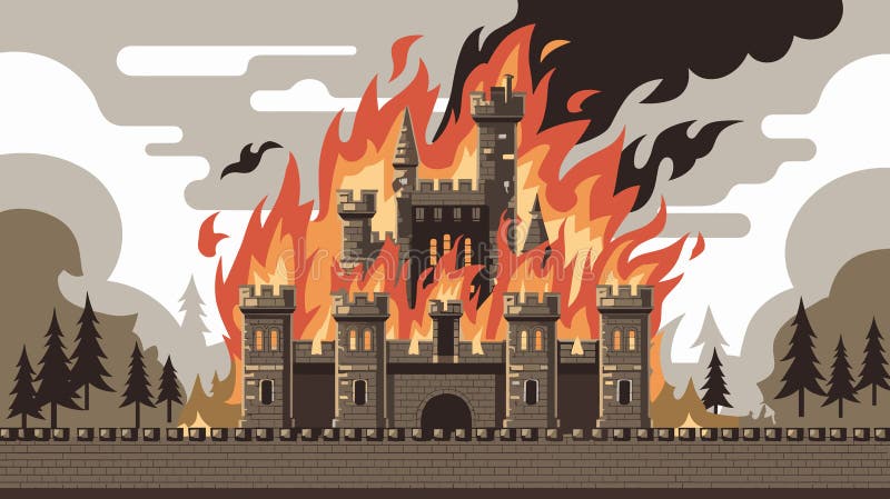 Castle Engulfed in Flames, Representing Destruction of War. Stock ...