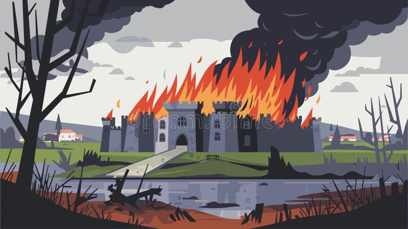 Castle Engulfed in Flames, Representing Destruction of War. Stock ...