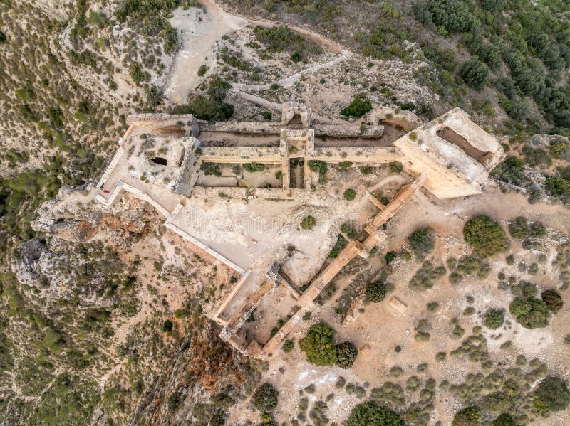 Aerial View of Chirel Castle in Spain with Square Towers Above a ...