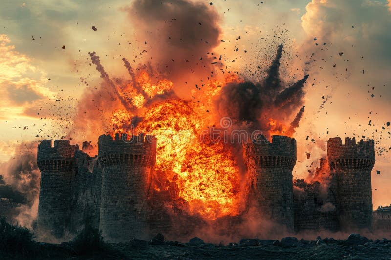 A Castle is on Fire with a Large Explosion in the Background Stock ...