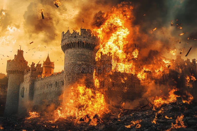 A Castle is on Fire with a Large Tower in the Middle Stock Illustration ...