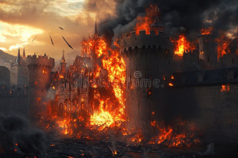 A Castle is on Fire with a Large Tower in the Middle Stock Illustration ...