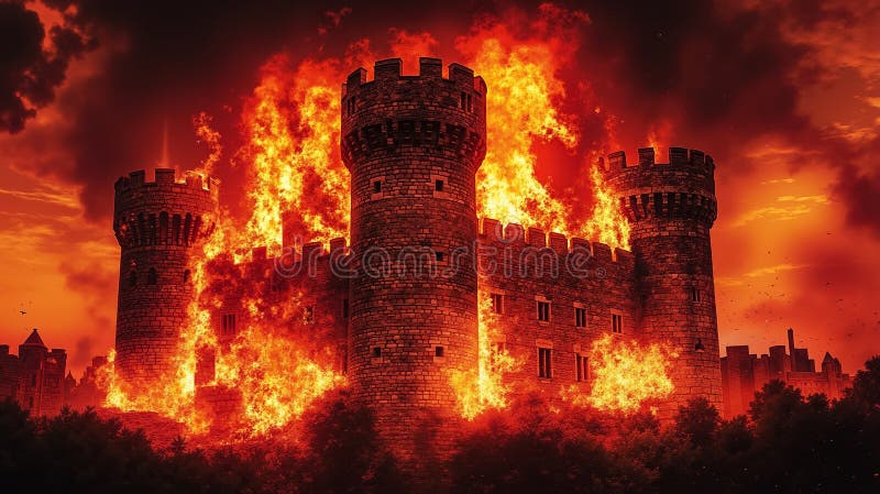 A Castle on Fire in the Middle of a Forest Stock Photo - Image of dark ...