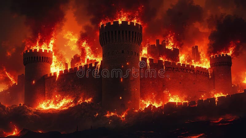 A Castle on Fire in the Middle of a Stormy Night Stock Image - Image of ...