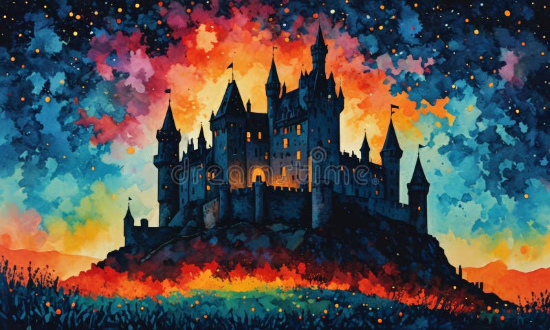 Castle with Fire in the Sky Stock Illustration - Illustration of ...