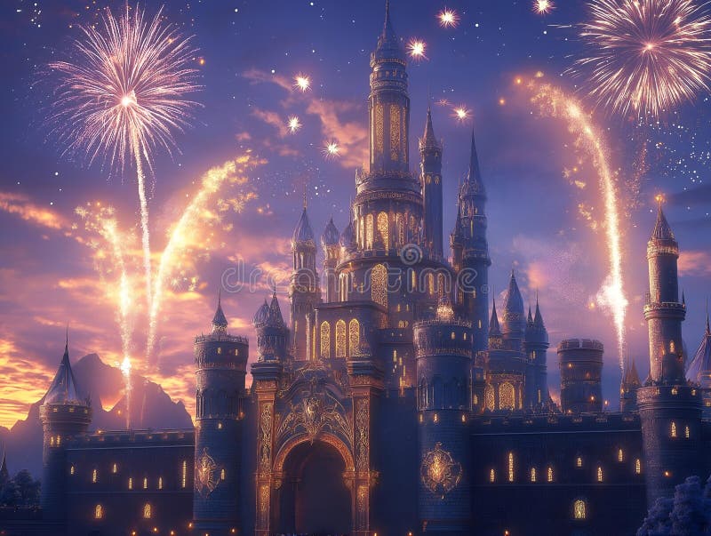 Castle, Fireworks, Night Sky, Magical Scene, Vibrant Colors Stock ...