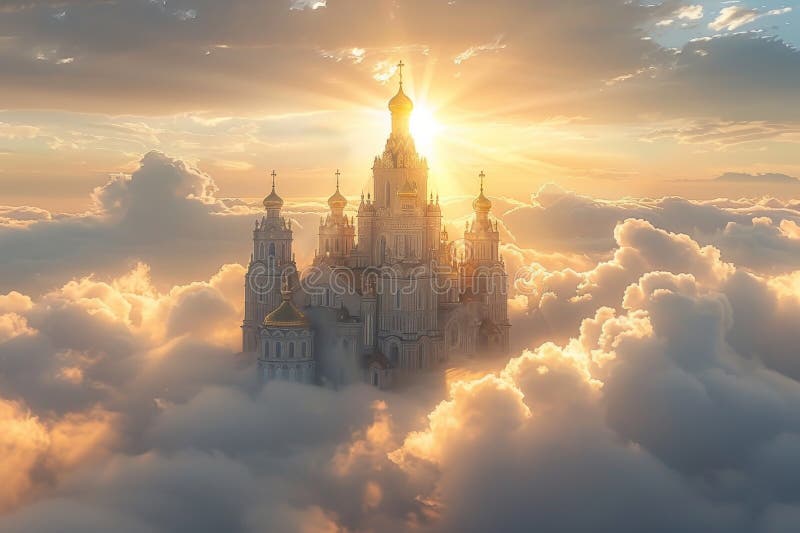 A Castle is Floating in the Sky with a Sun Shining on it Stock Image ...