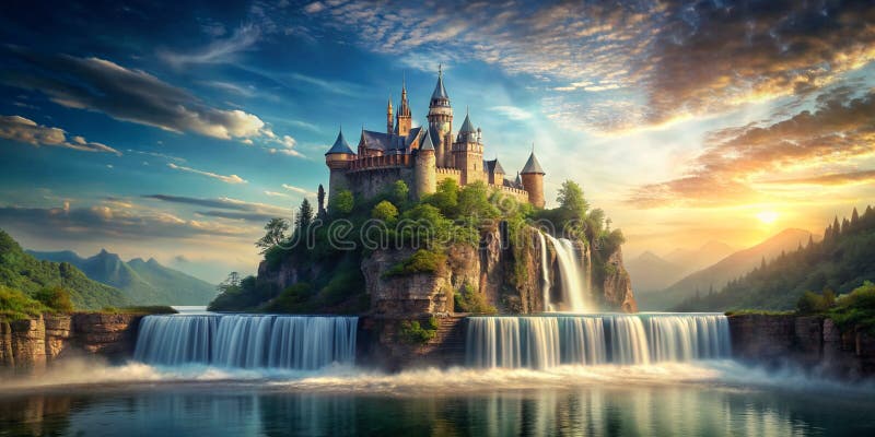 Castle Floating on Water Also Waterfall Falling from Castle AI ...