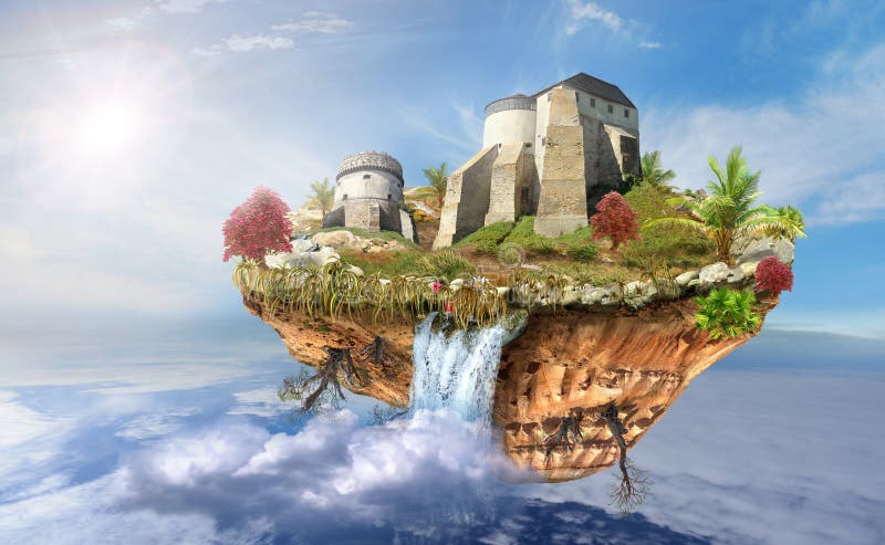 Castle on the Flying Island in Sky Stock Illustration - Illustration of ...