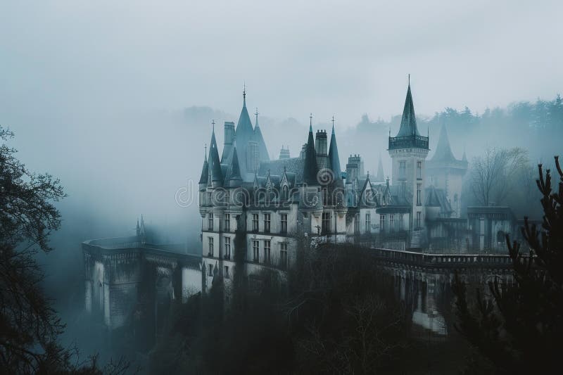 A Castle with a Foggy Sky in the Background Stock Image - Image of ...