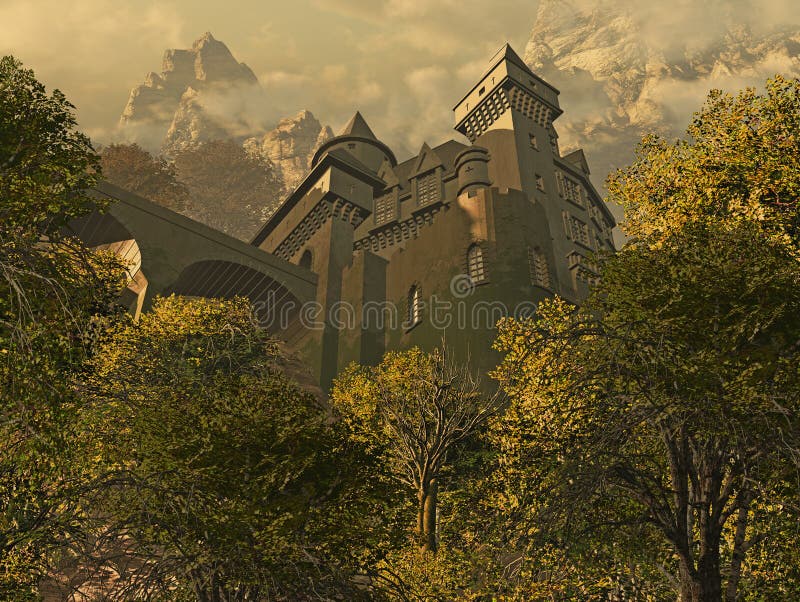 Medieval Castle Landscape stock illustration. Illustration of lake ...