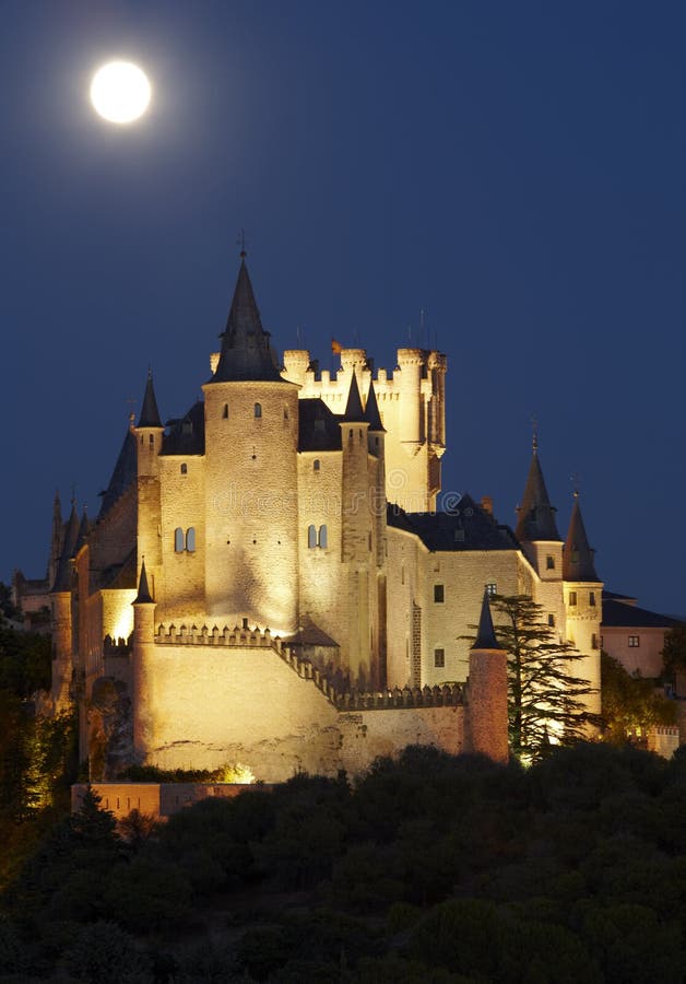 Castle and Full Moon in Segovia. Alcazar. Stock Image - Image of ...