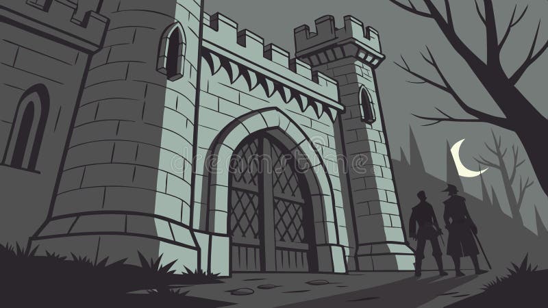 Castle Gate at Night, Medieval and Fantasy Scene Vector Design ...