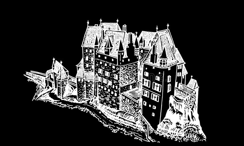 Castle of Germany, Graphical Hand-drawn Eltz Castle Isolated on Black ...