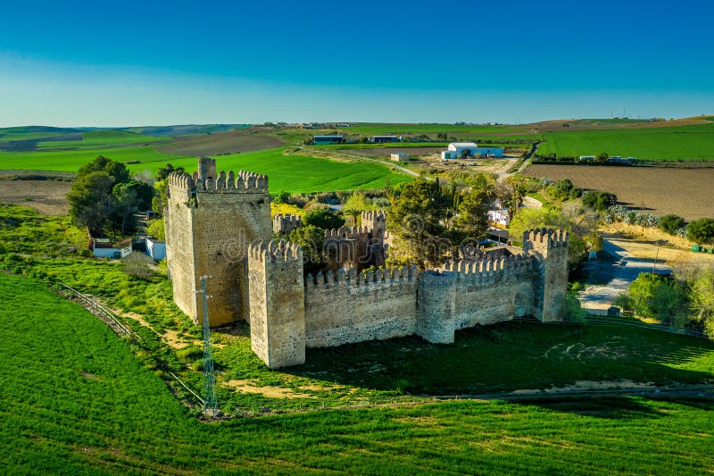 Aerial View of Aguzaderas Castle in Andalucia Spain with Square and ...