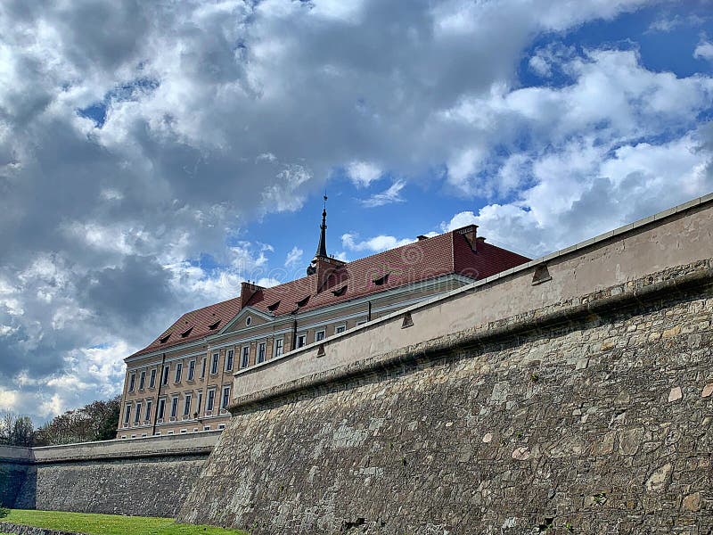Castle and High Wall All Around, Blue Sky and Bright Clouds, Historic ...