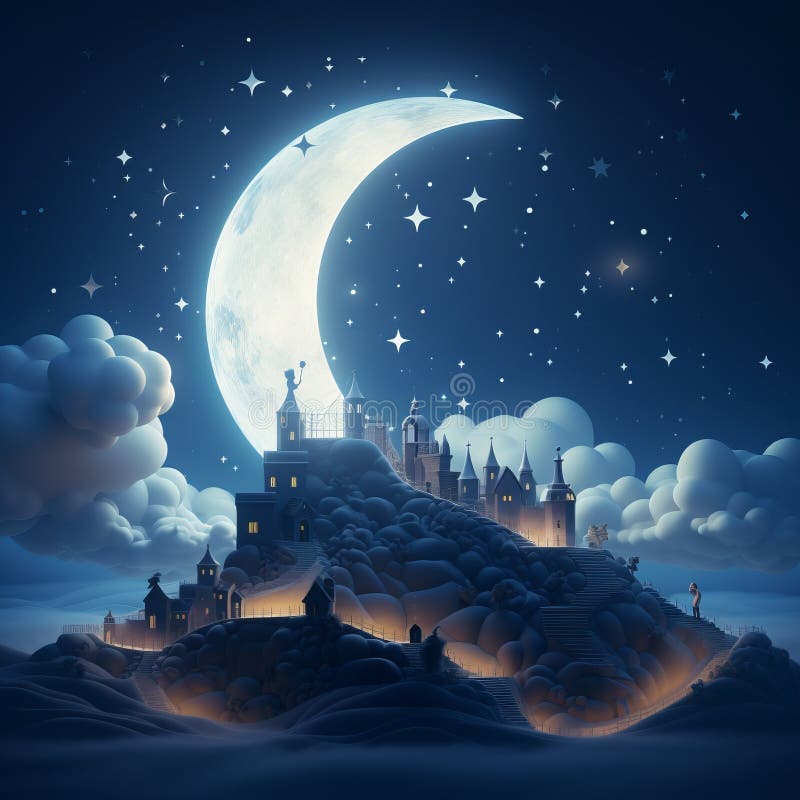 A Castle on a Hill with a Moon in the Sky Stock Illustration ...