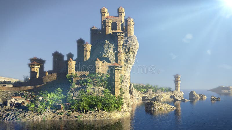 Castle on a Hill Overlooking the Ocean Stock Illustration ...