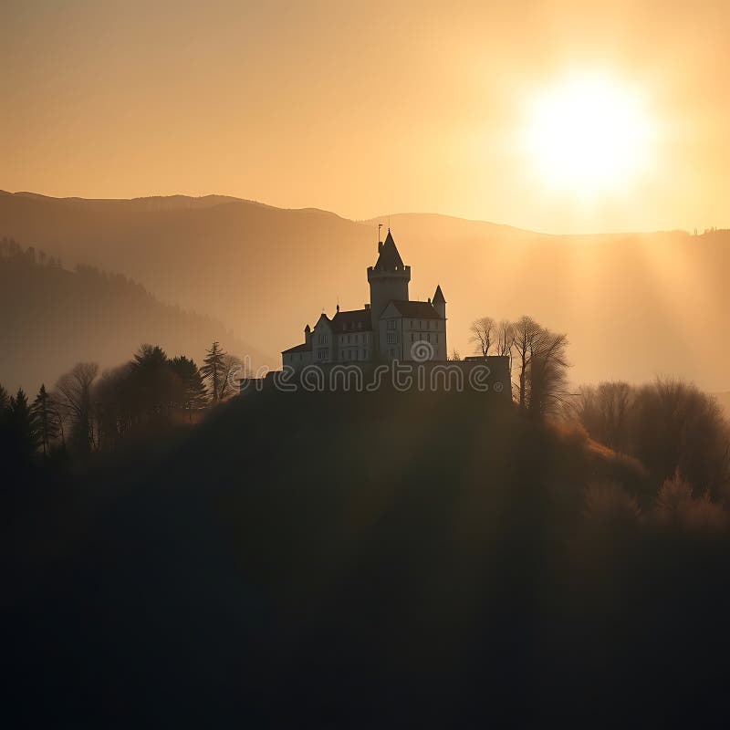 Castle on Hill at Sunrise stock illustration. Illustration of harmony ...