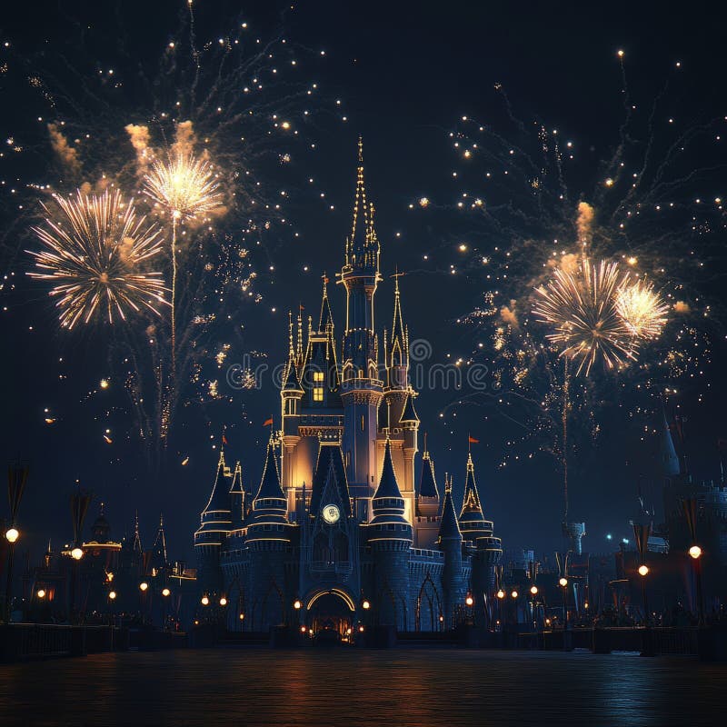 A Castle Illuminated at Night with Fireworks Exploding in the Dark Sky ...