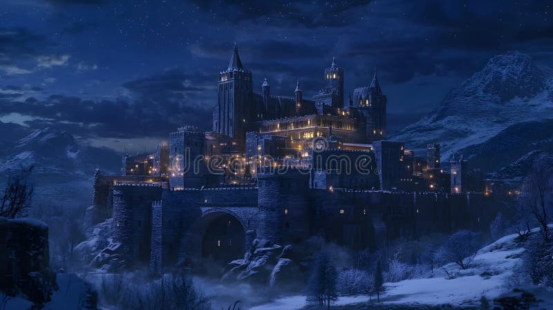 Castle Illuminated at Night, Surrounded by a Snowy Landscape Stock ...