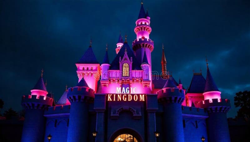 A Castle with Illuminated Spires and Tower Against a Night Sky, with a ...