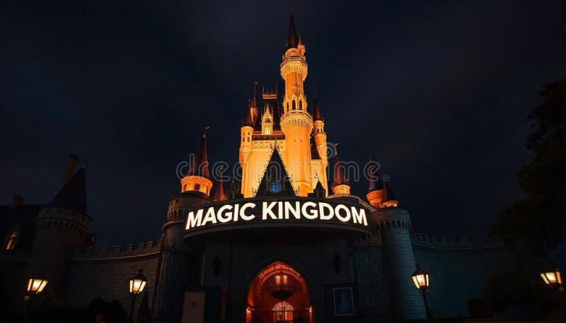 A Castle with Illuminated Spires and Tower Against a Night Sky, with a ...