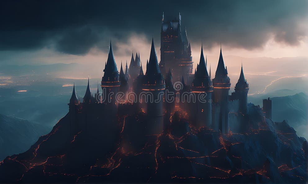 Castle Illuminated by Volcanic Lava Stock Illustration - Illustration ...