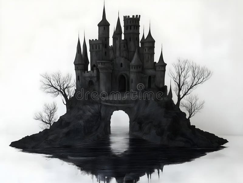 Castle on Island, Dark Water, Gothic Architecture, Trees, Monochrome ...