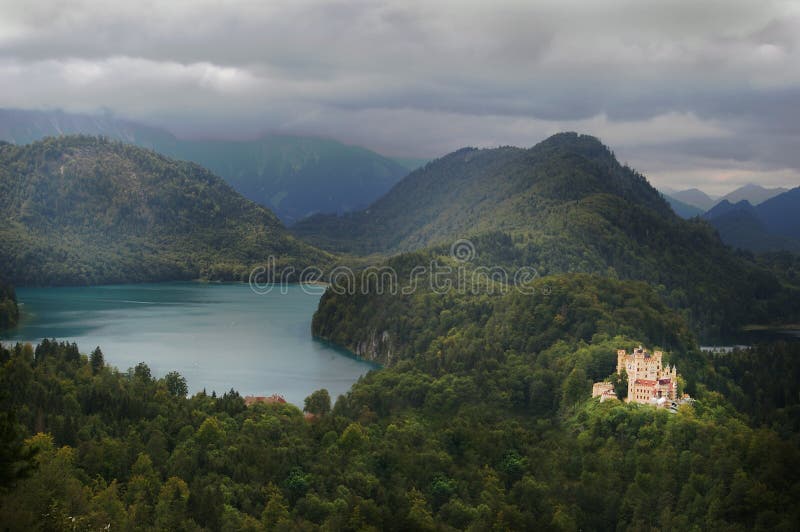 Castle by Lake in Forest Mountain Peaks Stock Photo - Image of ...