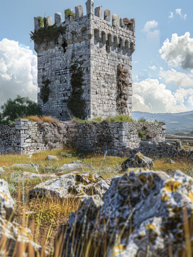 Castle with Large Stone Tower and Small Stone Wall Stock Image - Image ...