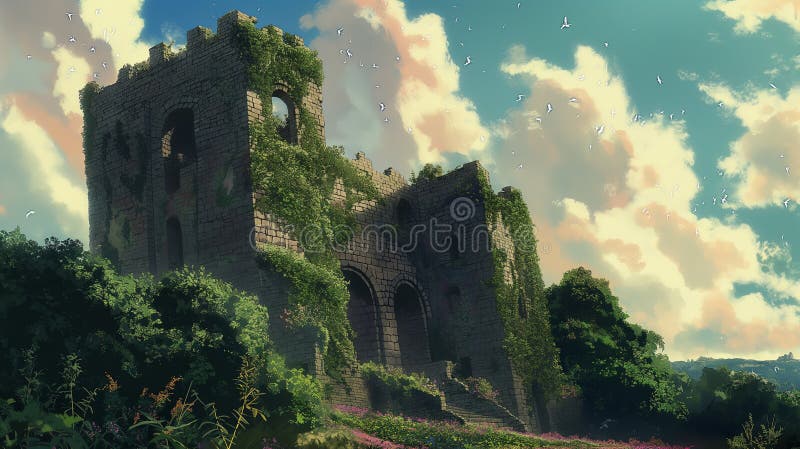 A Castle with a Large Window and a Large Stone Wall. Anime Background ...