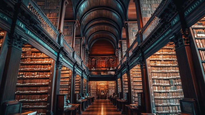 Castle Library Filled with Towering Bookshelves and Ancient Tomes Stock ...