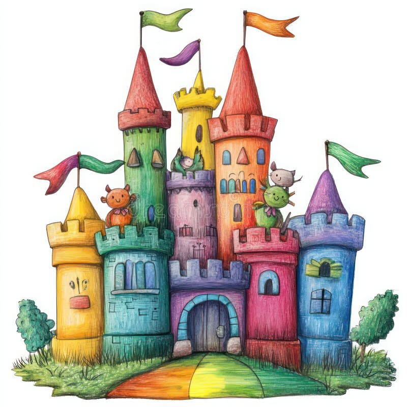 A Castle Made of Crayons with Rainbow Flags and Cute Creatures Peeking ...